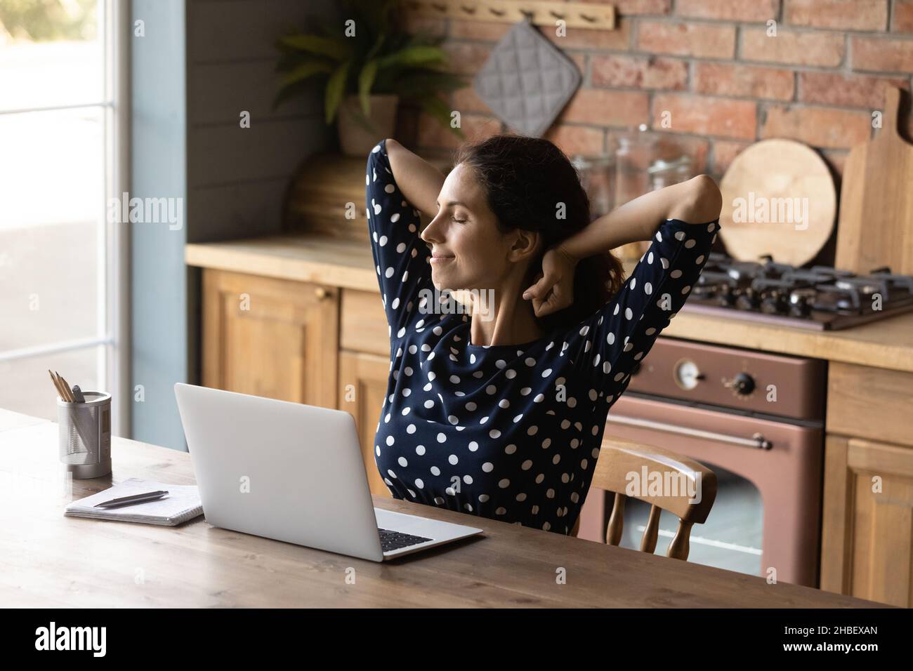 Happy beautiful millennial woman enjoying break pause time Stock Photo ...