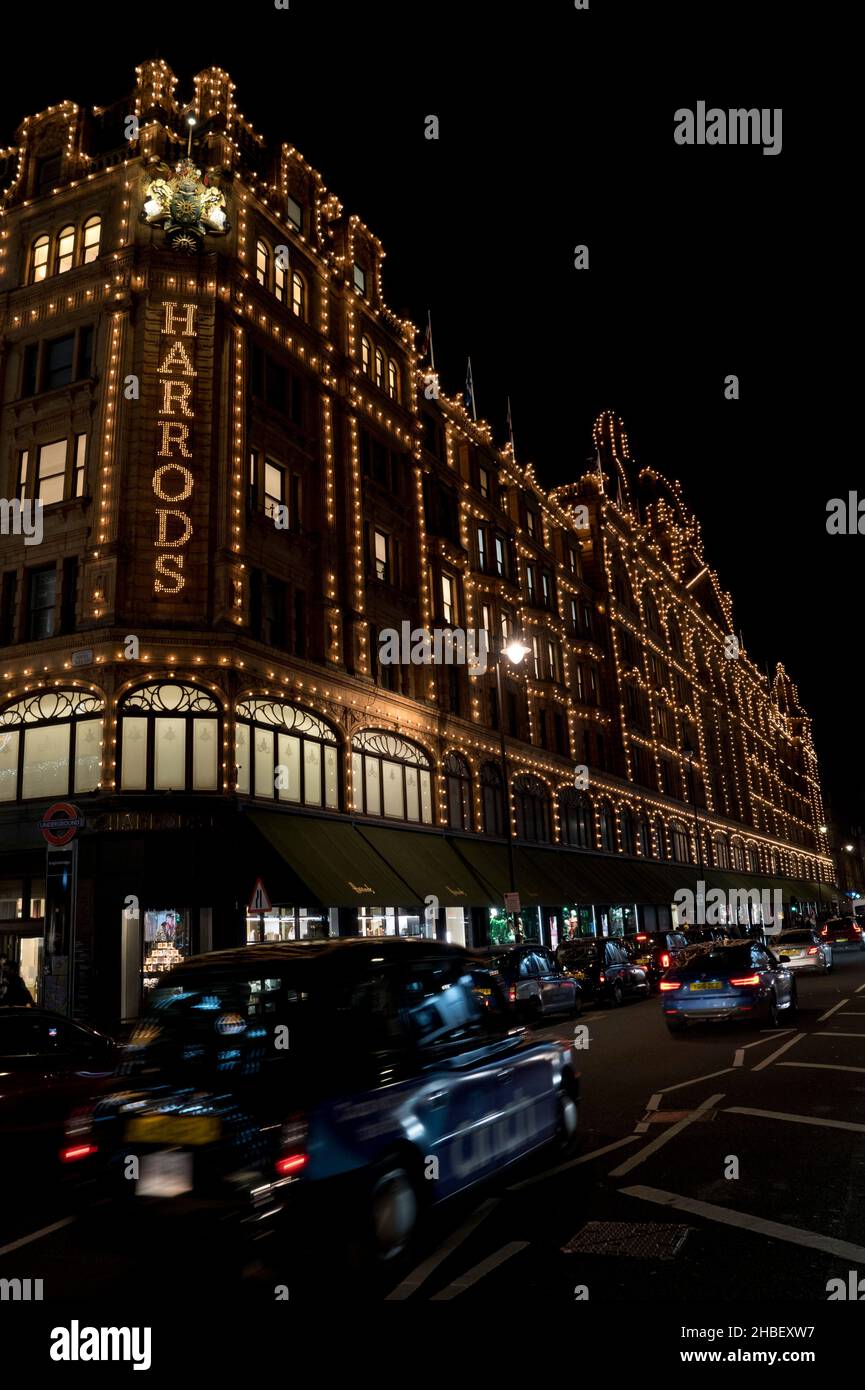 Front of Harrods luxury department store at night, London, England,UK ...