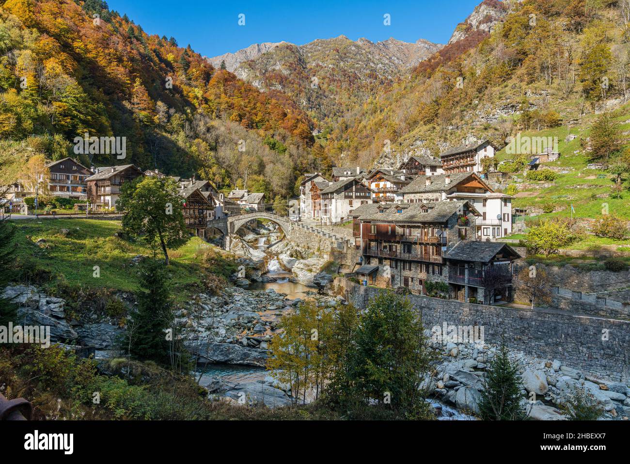 The beautiful village of Rassa, during fall season, in Valsesia (Sesia ...