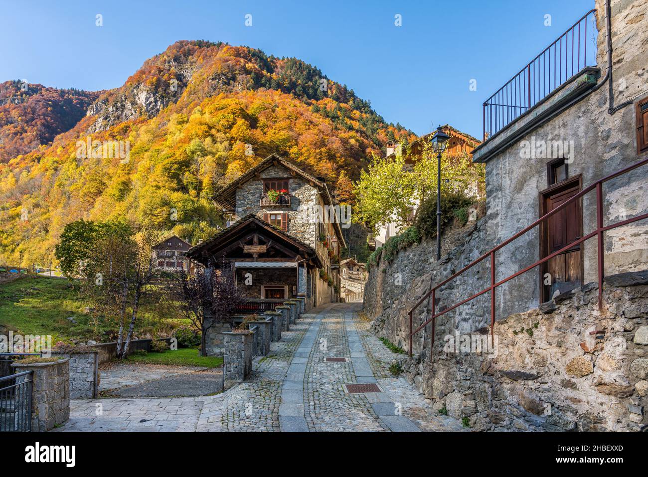 The beautiful village of Rassa, during fall season, in Valsesia (Sesia ...
