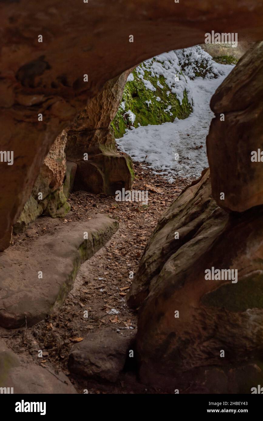 Cold snowy landscape with trees and rocks near Mala Skala village in ...