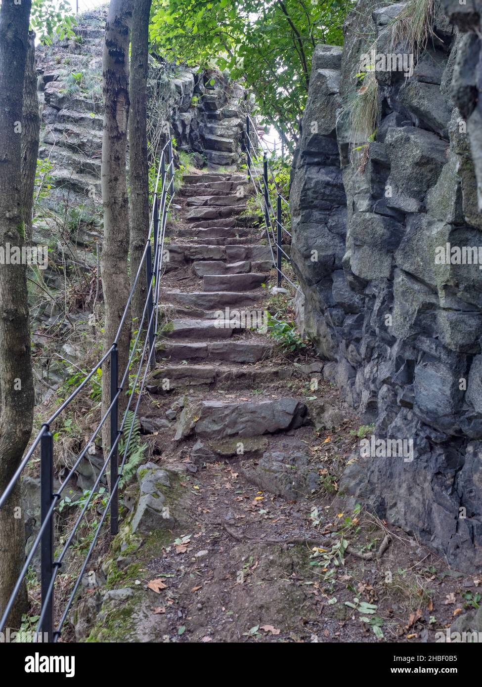 Stony stairs in forest tourist footpath. Basalt stairs in spring forest ...