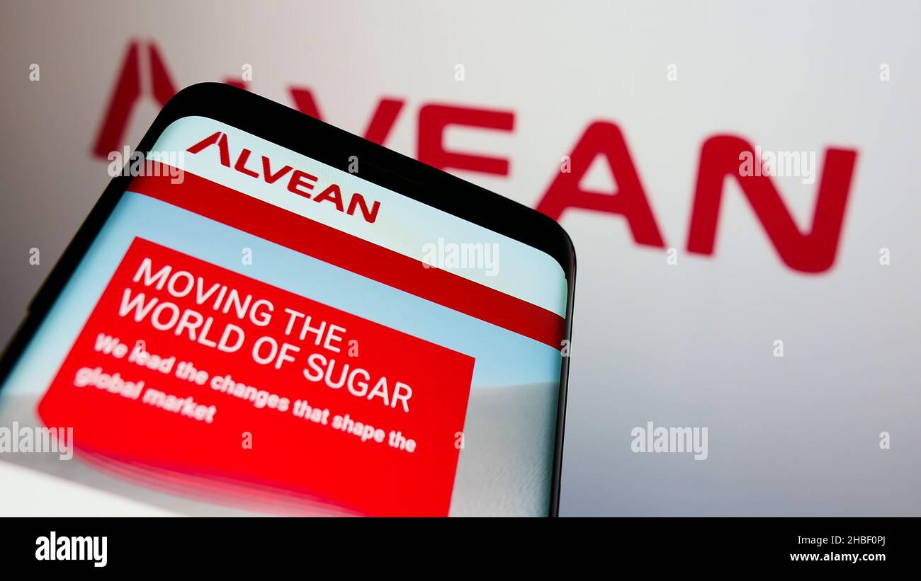 Mobile phone with website of sugar trading company Alvean Sugar S.L. on ...