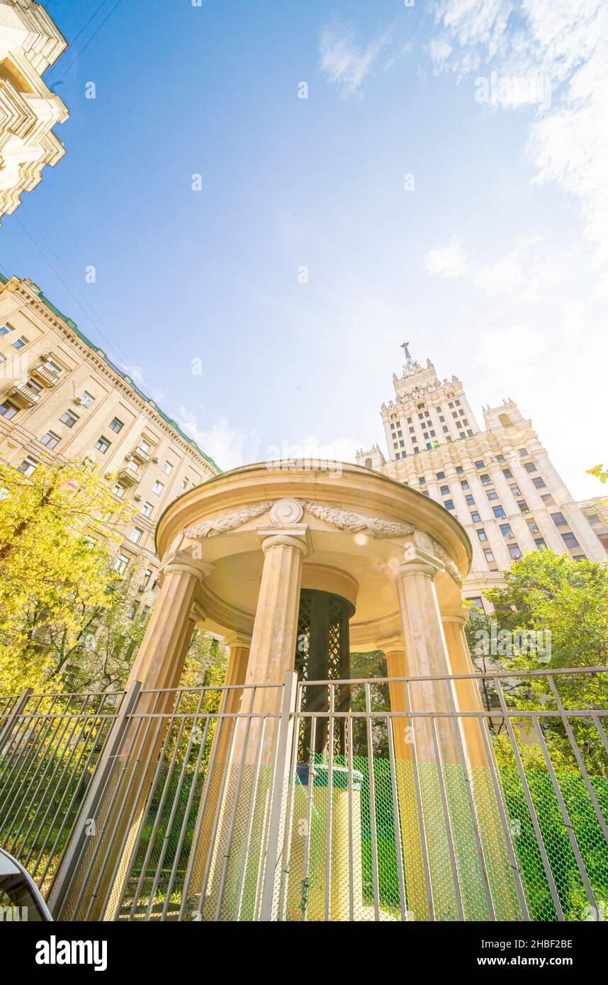 Gazebo, Stalinist architecture landmark Moscow- Krasnye vorota highrise ...