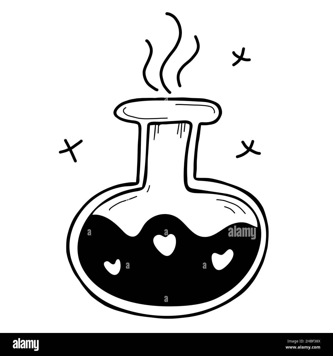 Hand drawn magic love potion bottle. Vector illustration in linear ...