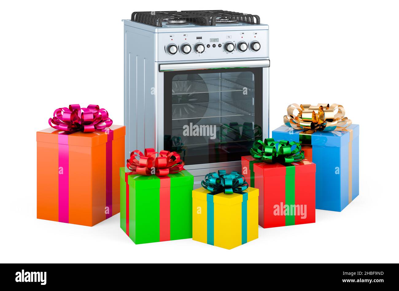 Gas range with gift boxes, 3D rendering isolated on white background ...