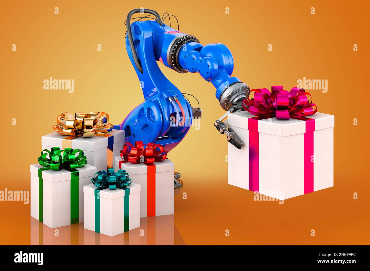 Robotic arm with gifts, 3D rendering isolated on orange background ...