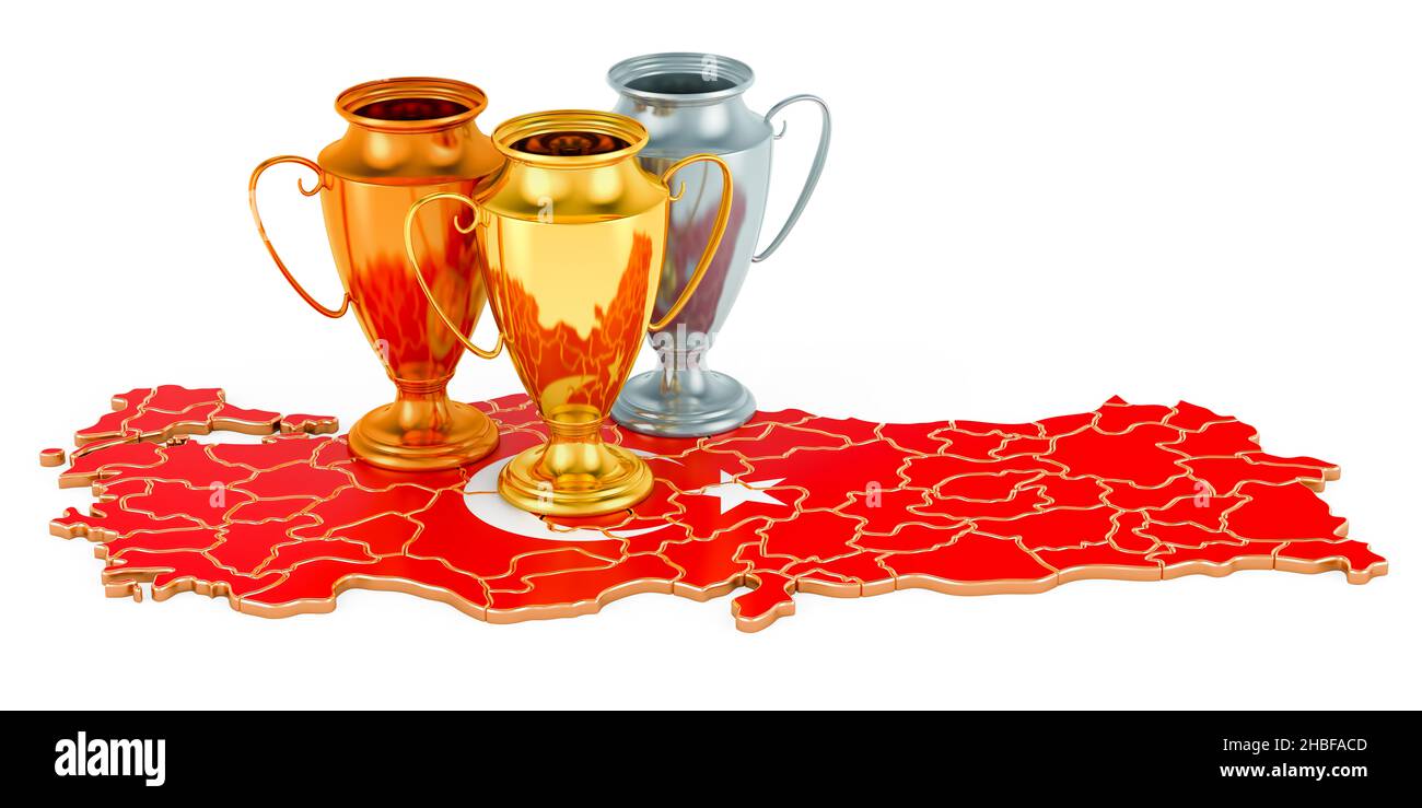 Trophy Cups on Turkish map. Sport Tournaments in Turkey, concept. 3D ...