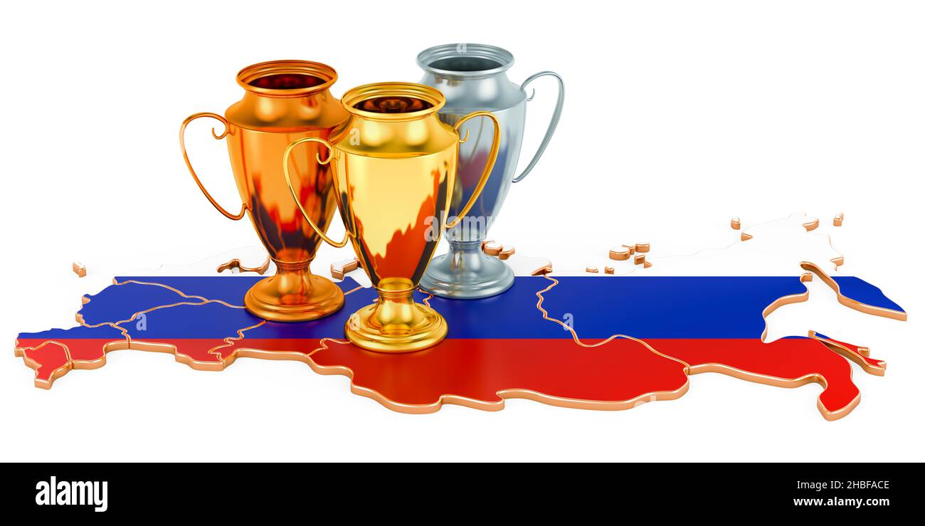 Trophy Cups on Russian map. Sport Tournaments in Russia, concept. 3D ...