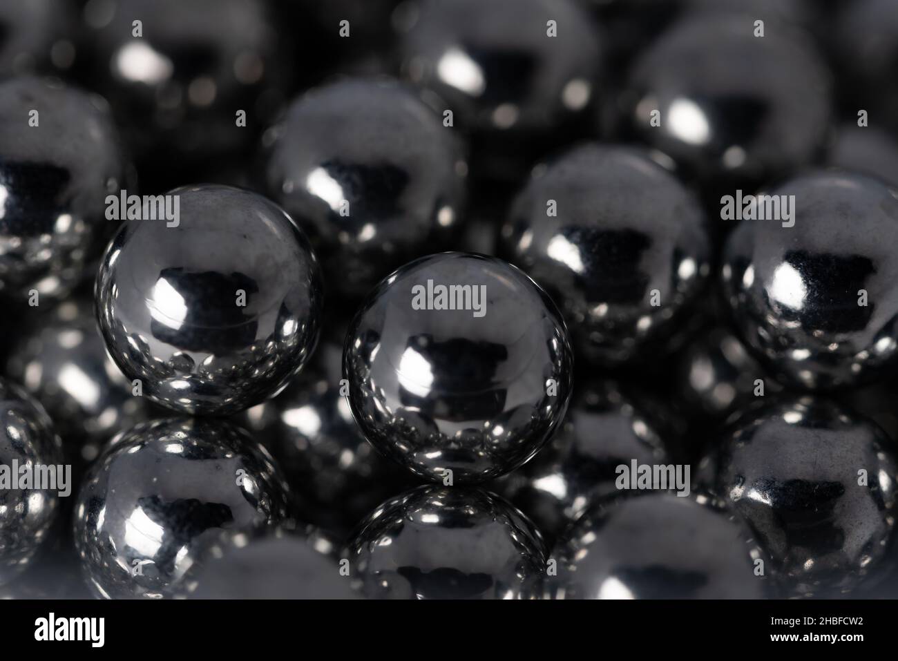 Metal balls arranged side by side to form an organized structure. Macro ...