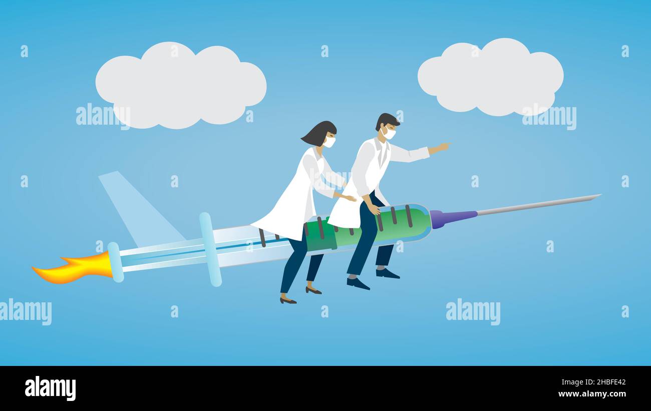 Health care people flying on vaccine rocket. Vector illustration. EPS10 ...