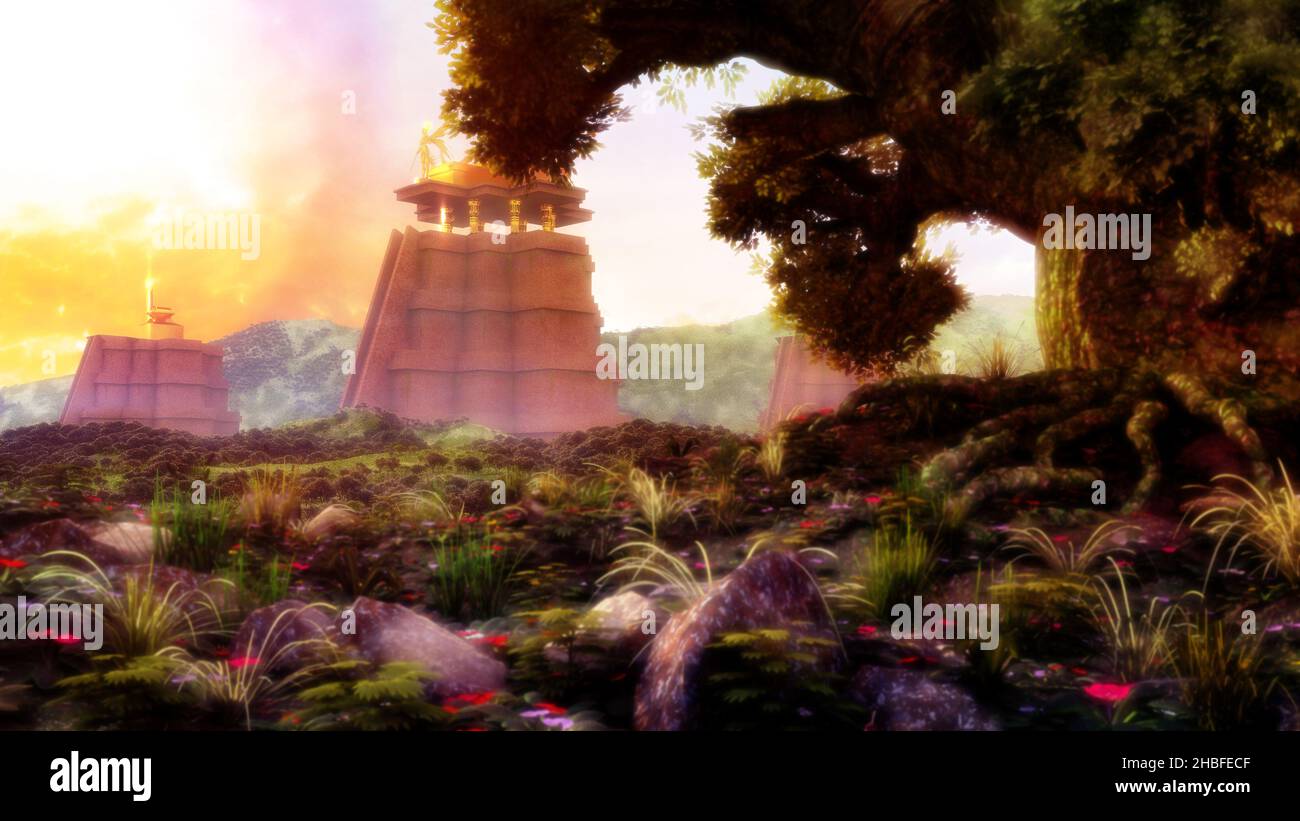 A 3d digital illustration of epic structure surrounded with natural ...