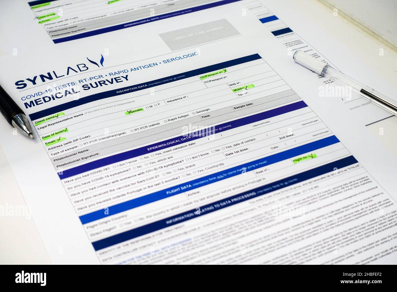 Close-up of a medical survey form of Synlab (German international ...