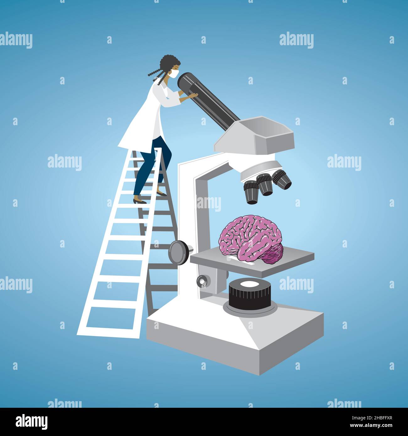 Researcher, student analyzing brain in microscope. Vector illustration ...