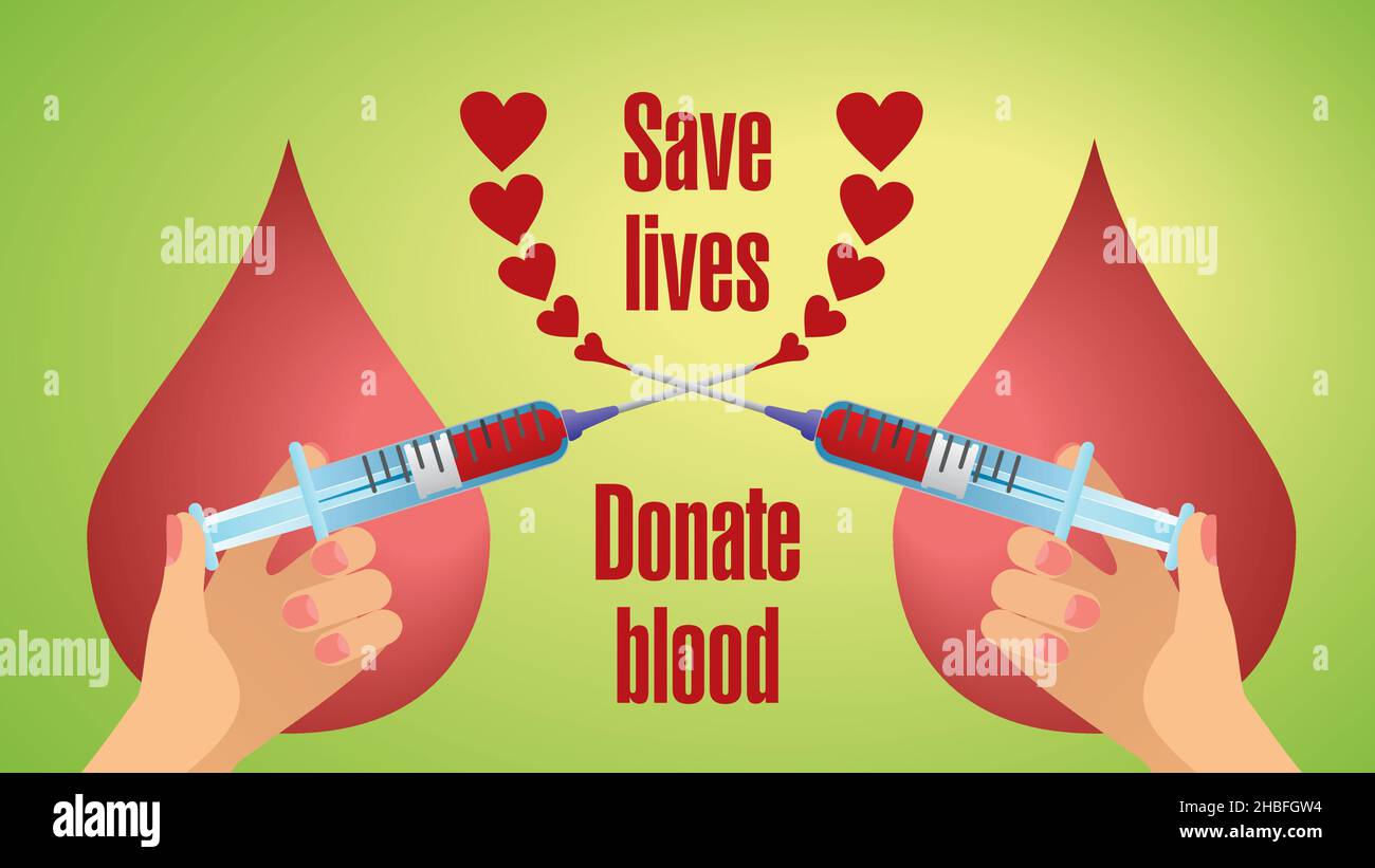 Poster with syringes makeing hearts. Text save lives. Donate blood ...