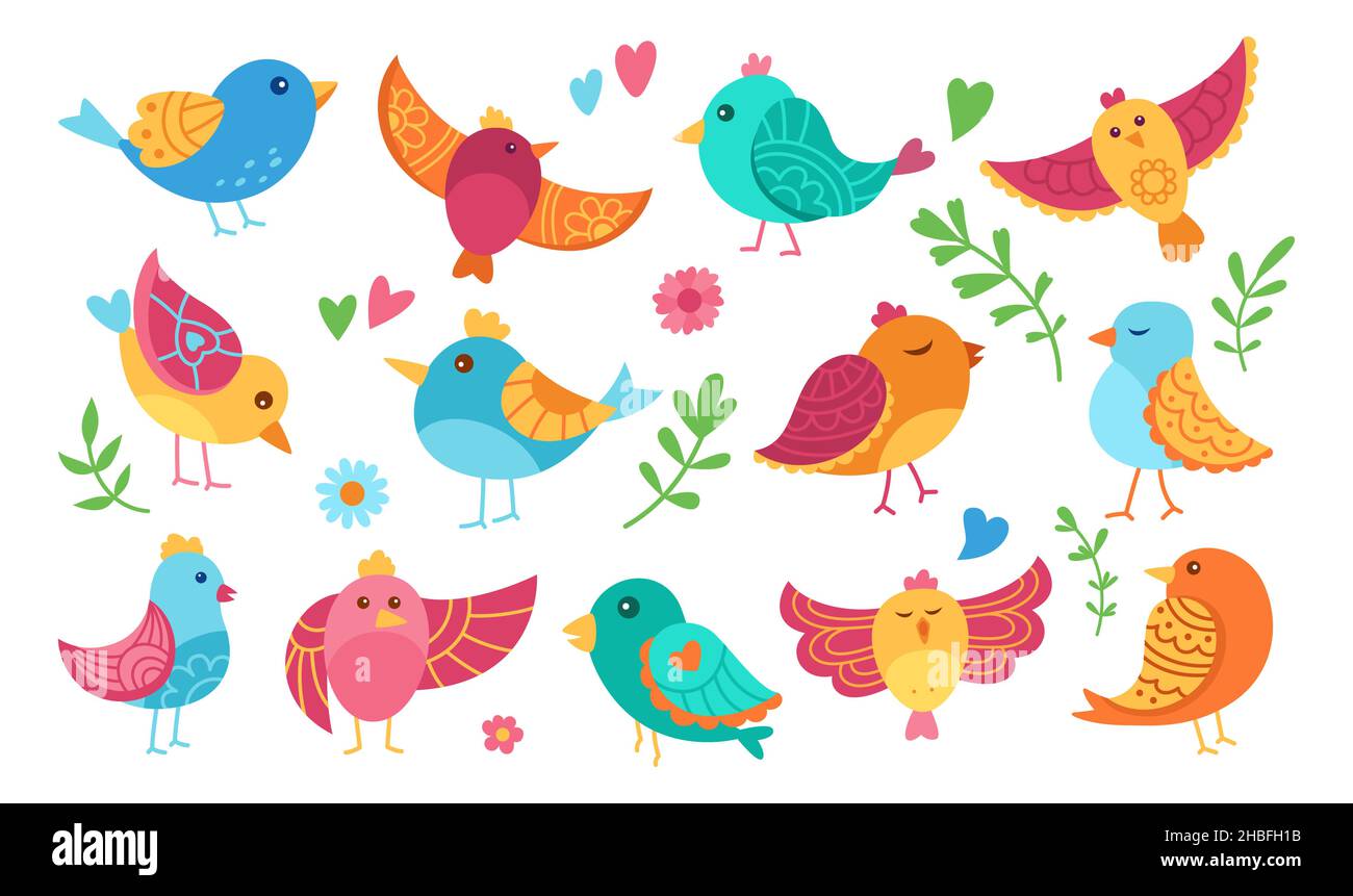 Bird with different ornaments cartoon set. Colorful comic birds ...