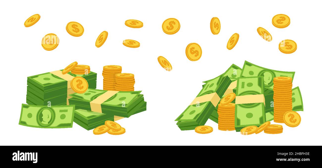 Money cash dollar stack, coin fall cartoon set. Gold coins heap, bank ...