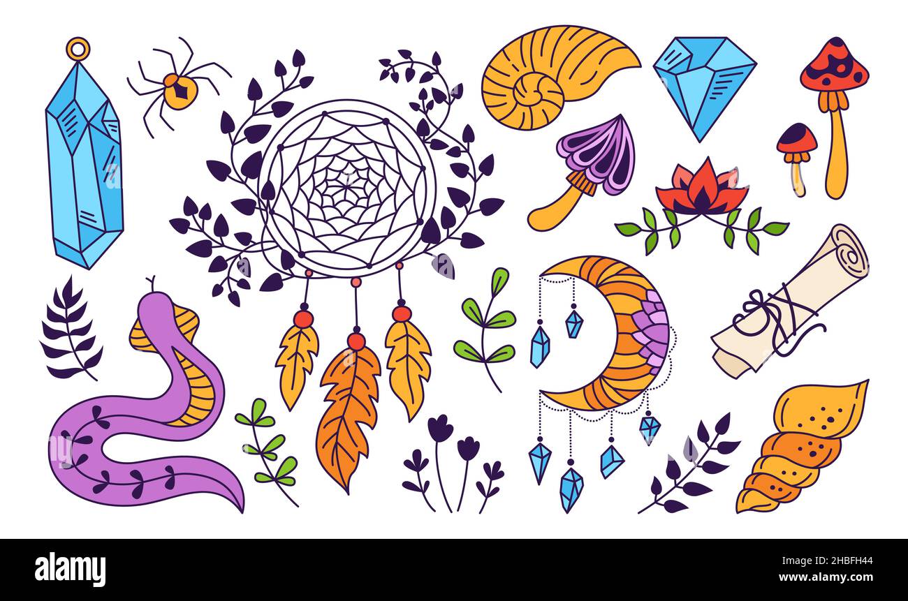 Mystic outline set, witchcraft symbols crystal, shell, dreamcatcher ...