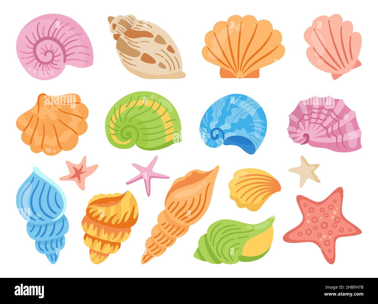 Seashells cartoon hand drawn set. Ocean marine shell, starfish spiral ...