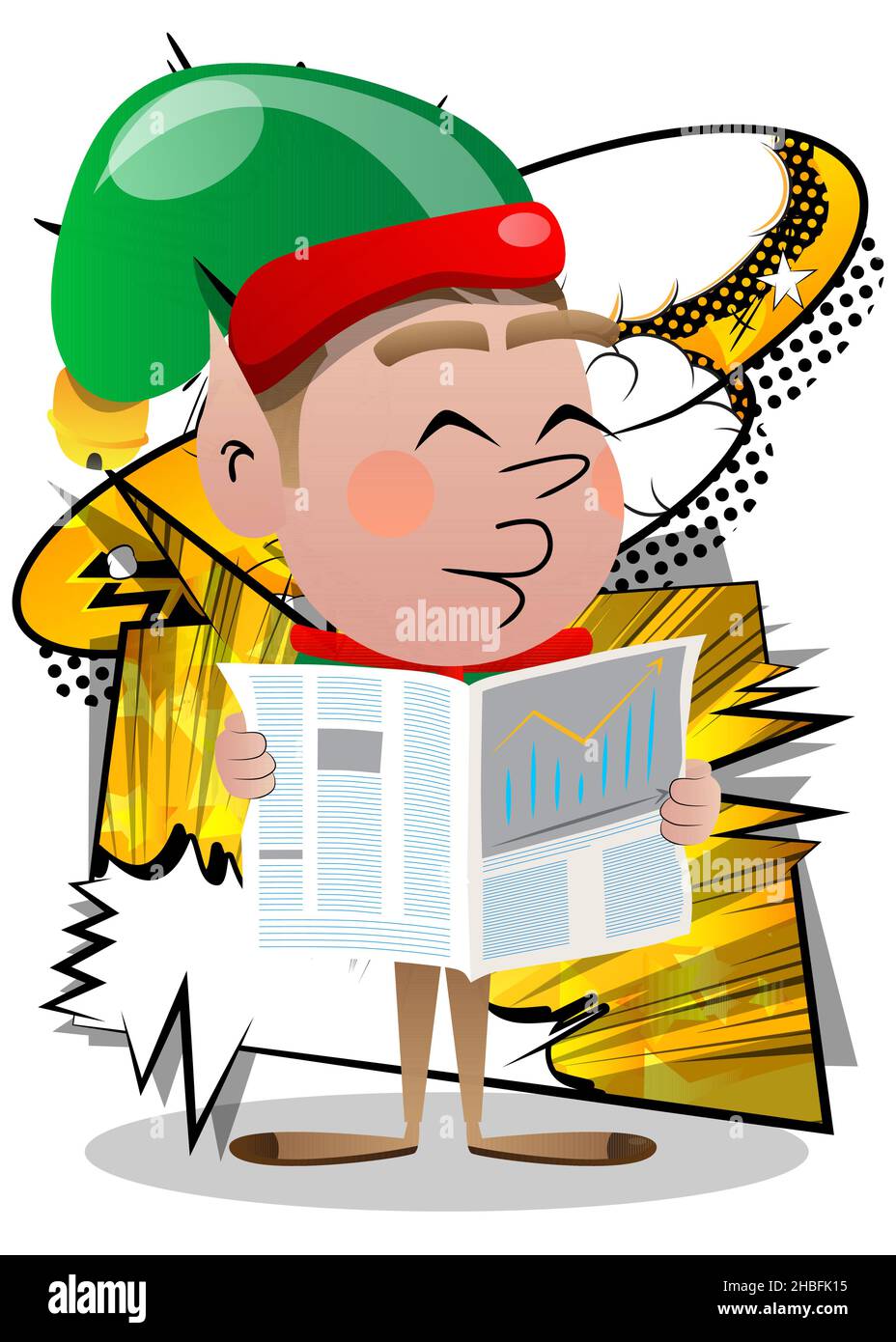 Christmas Elf reading newspaper. Vector cartoon character illustration ...