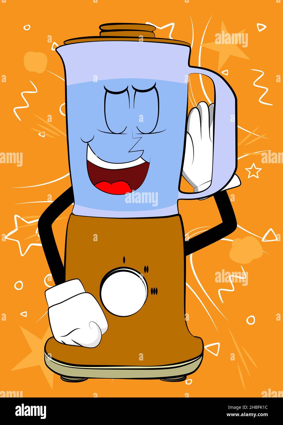 Food Blender holds hand at his ear, listening as a cartoon character ...