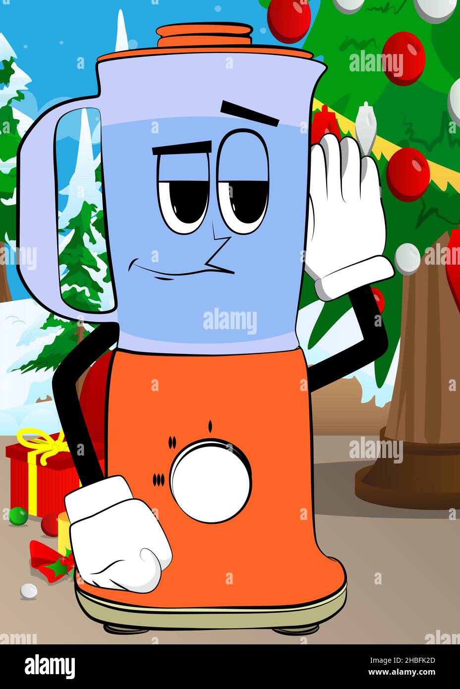 Food Blender holds hand at his ear, listening as a cartoon character ...