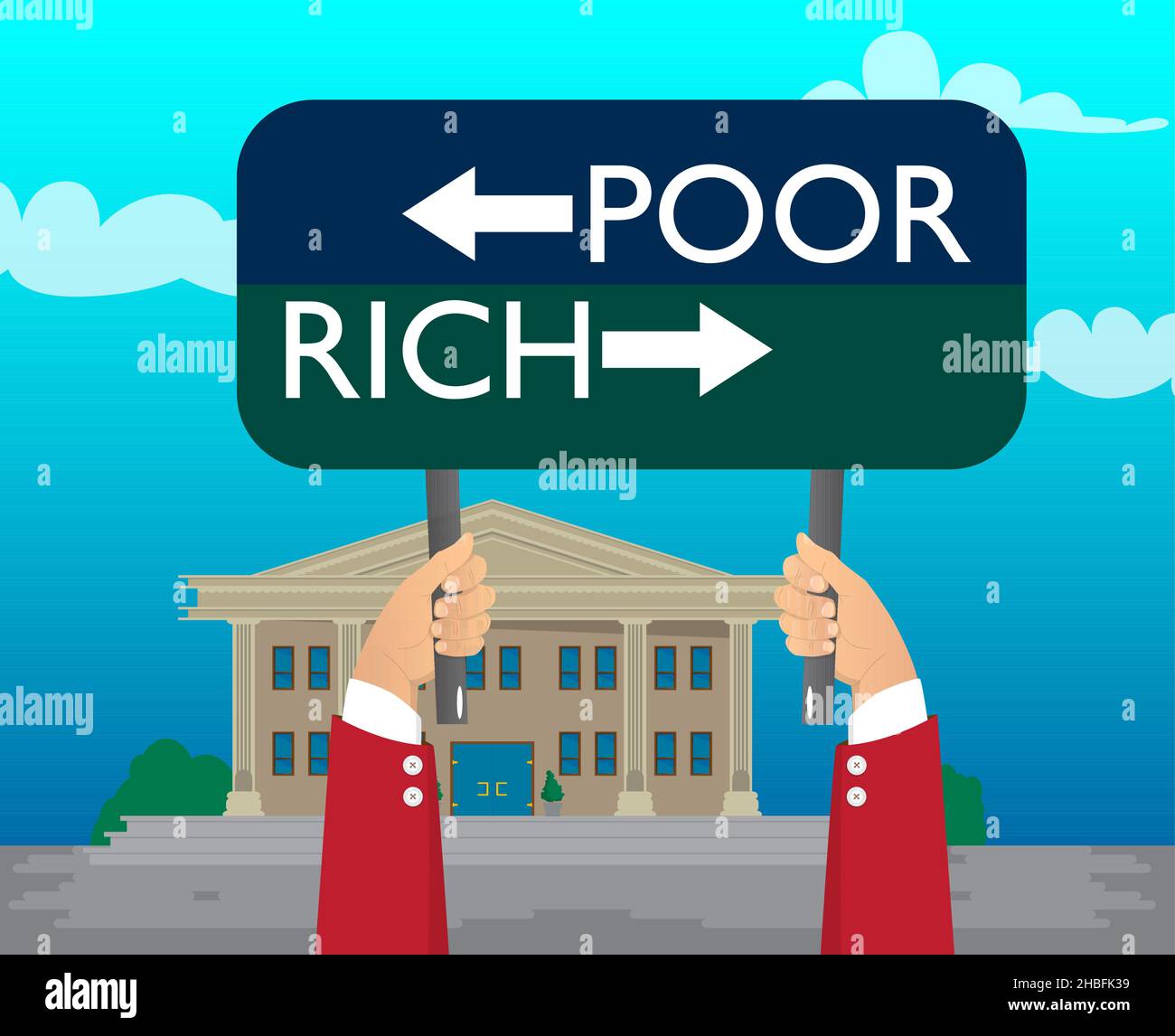 Hand holding banner with Poor or Rich words with arrows on paper. Man ...
