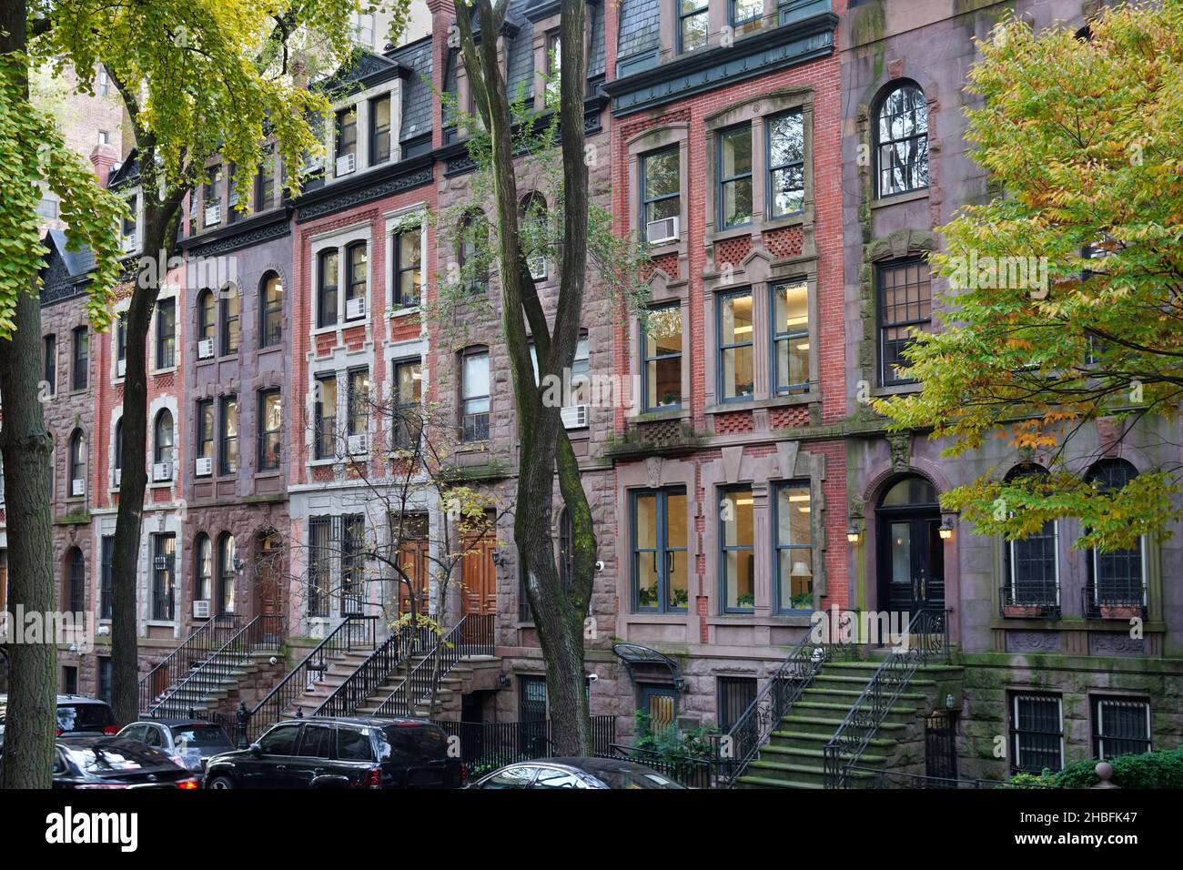 New York residential street near Central Park, with old five story ...