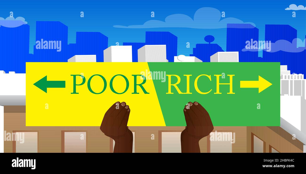 Hand holding banner with Poor or Rich words with arrows on paper. Man ...