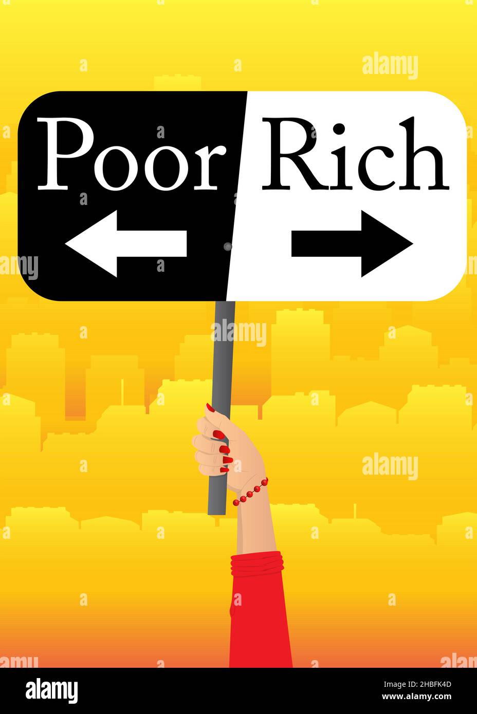 Hand holding banner with Poor or Rich words with arrows on paper. Man ...
