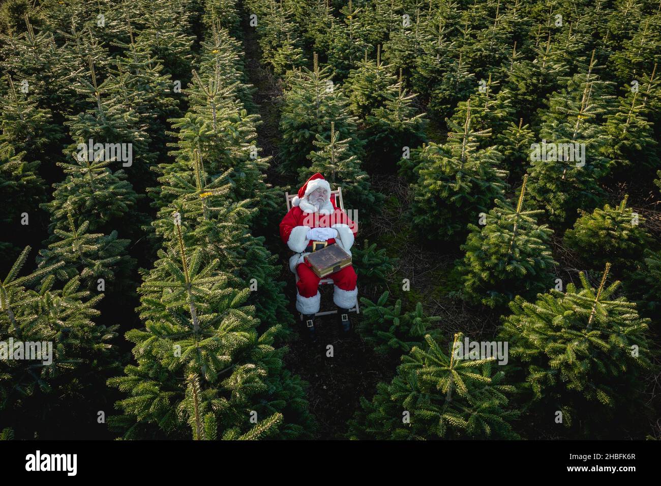 An elevated view of professional Santa Claus aka Sheldon Scott sat in ...