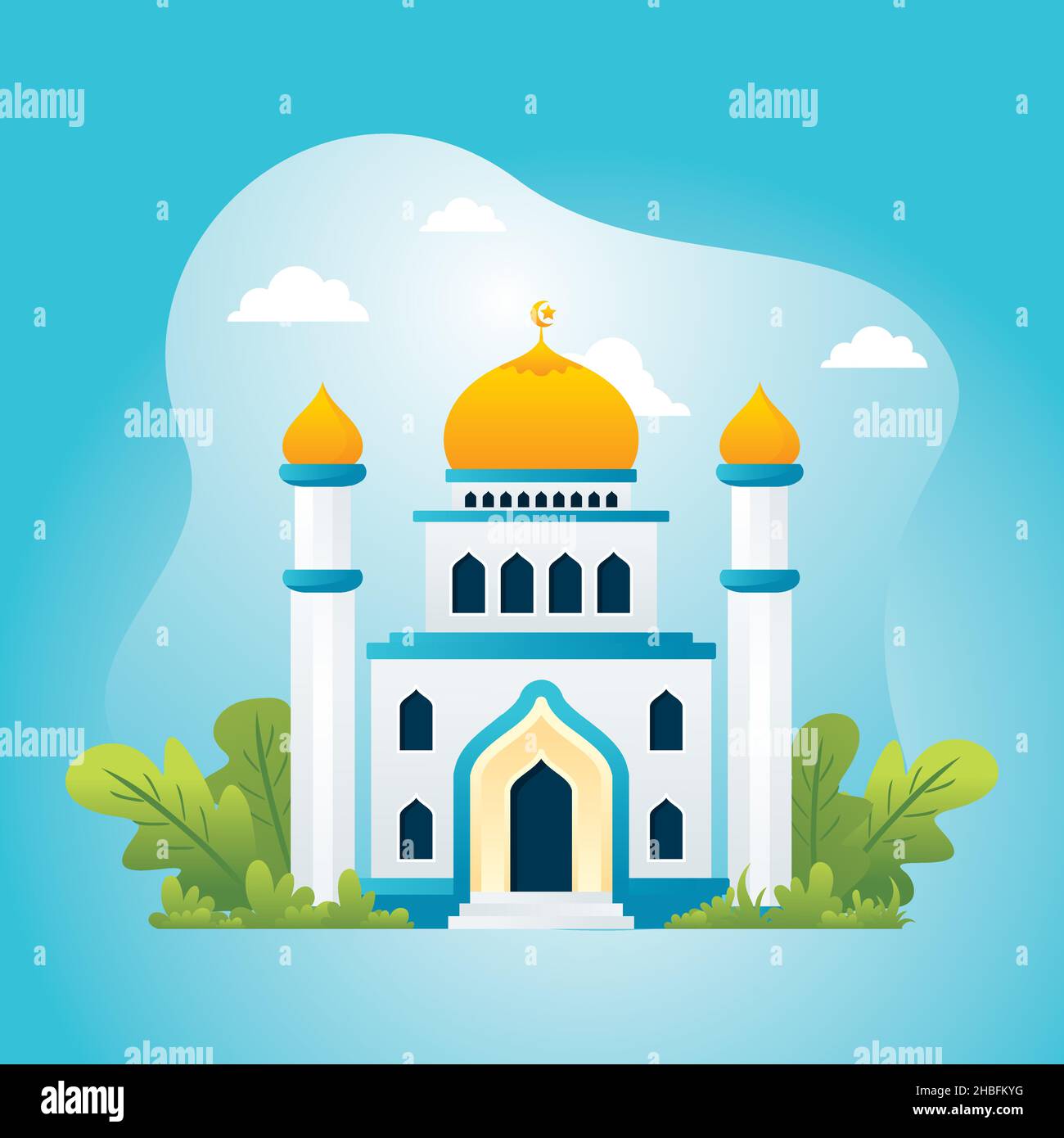 Mosque building illustration with flat cartoon style, Ramadan Kareem ...
