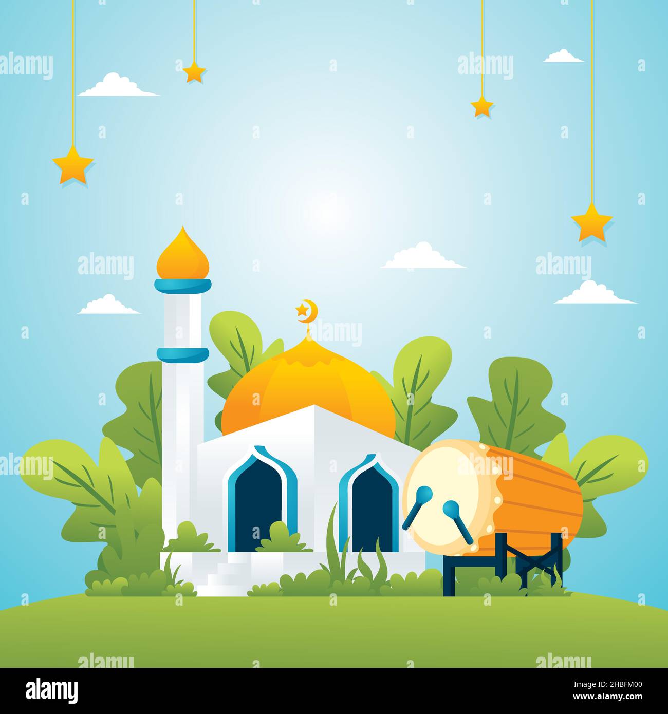 Ramadan Kareem mosque with scenery Landscape, islamic flat cartoon ...