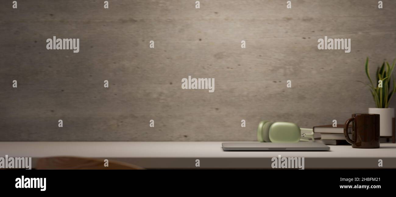 Modern loft workspace with laptop computer, headphone, coffee cup ...