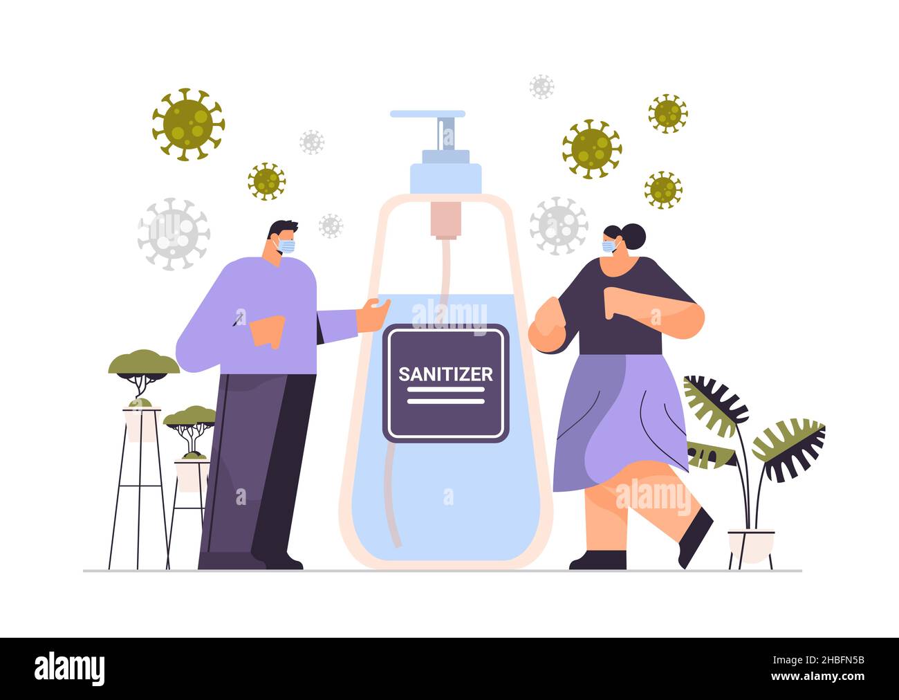 people in masks applying antibacterial spray disinfection against virus ...