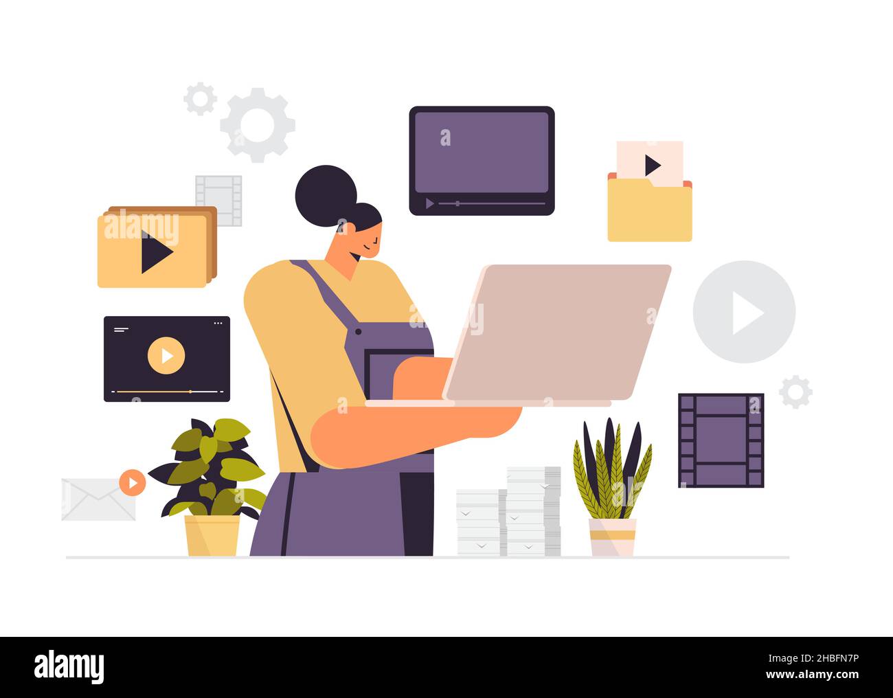 woman watching videos on laptop online education e-learning video tutorials live streaming ...