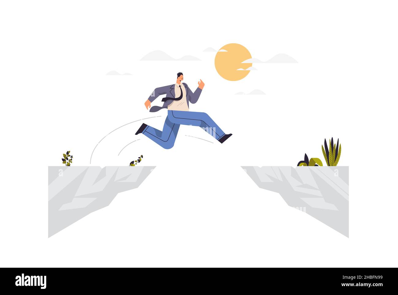 businessman jumping over cliff gap mountain business risk success ...