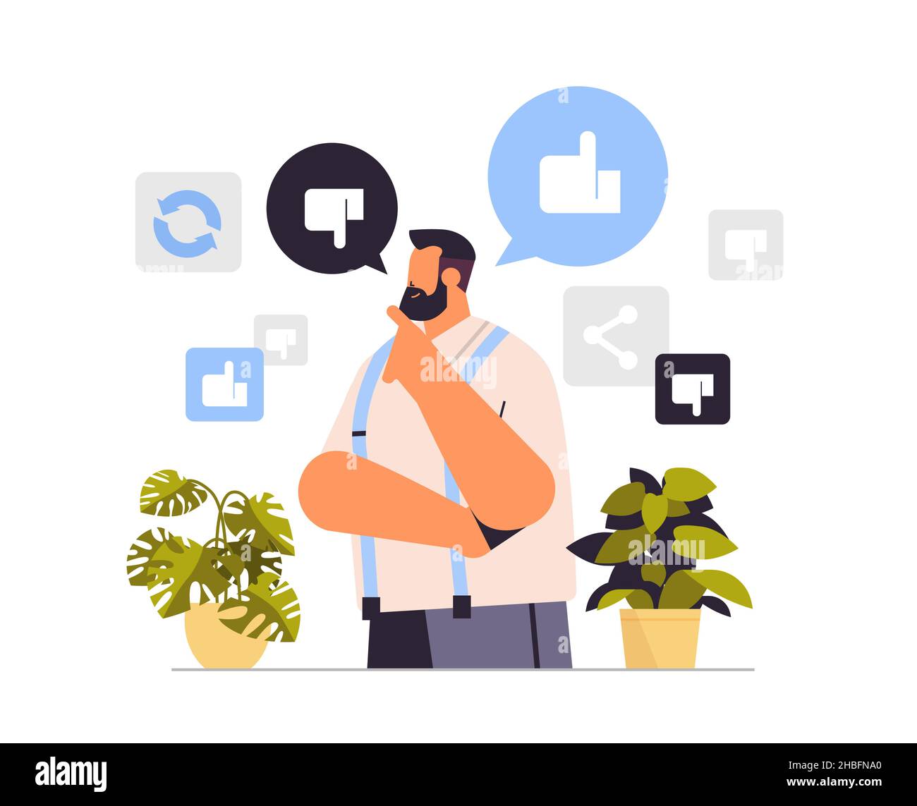 man with social media likes and dislikes icons internet network ...