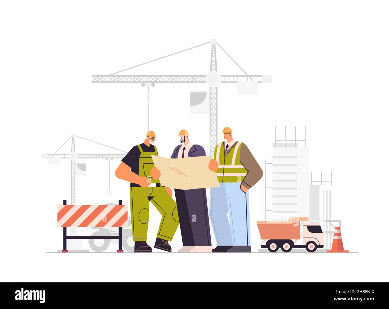 construction workers team holding blueprint industrial technicians builders group over city ...