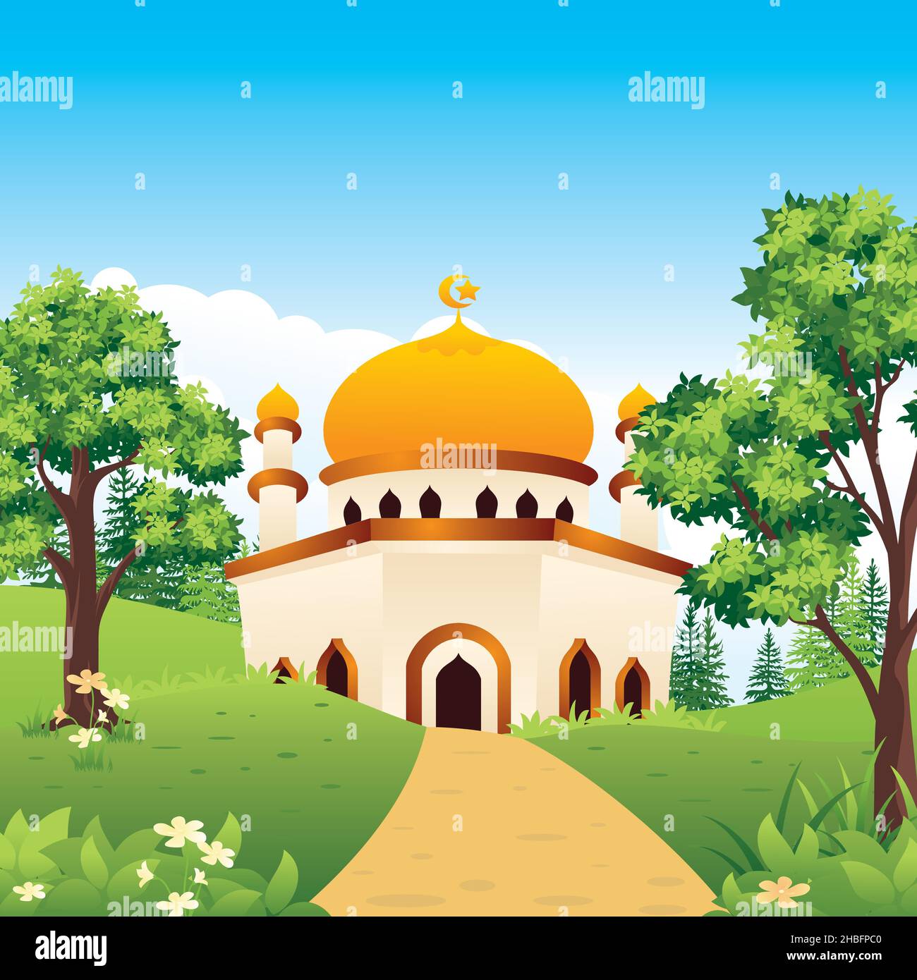 Mosque with nature landscape, islamic landscape flat style illustration ...
