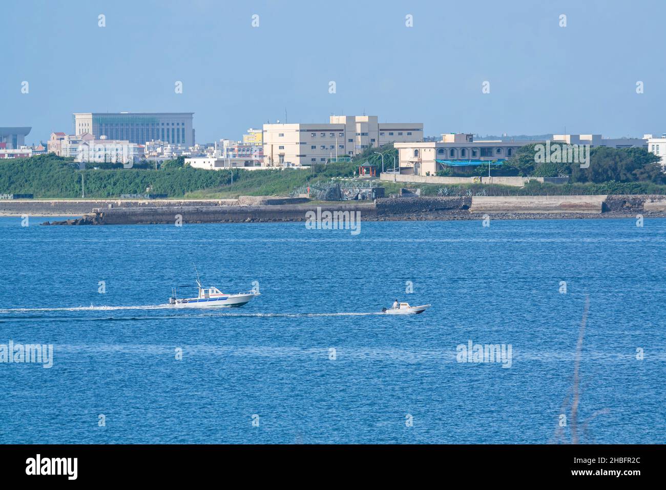 Sunny view of boat, building in the Penghu Island at Taiwan Stock Photo ...