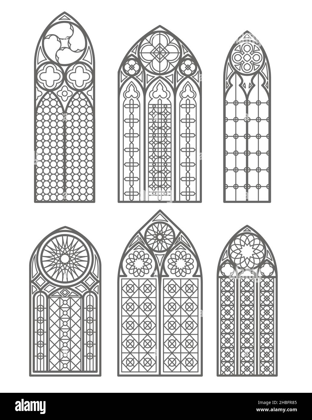 Gothic Windows Outline Set Silhouette Of Vintage Stained Glass Church