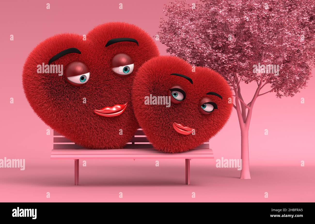 Romantic illustration with two loving hearts on a bench near a tree ...