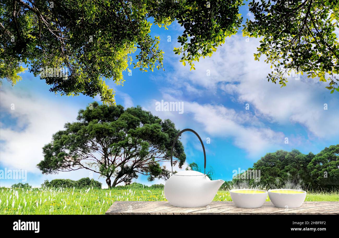 The 3d rendering of Cup with tea and teapot with nice background Stock ...