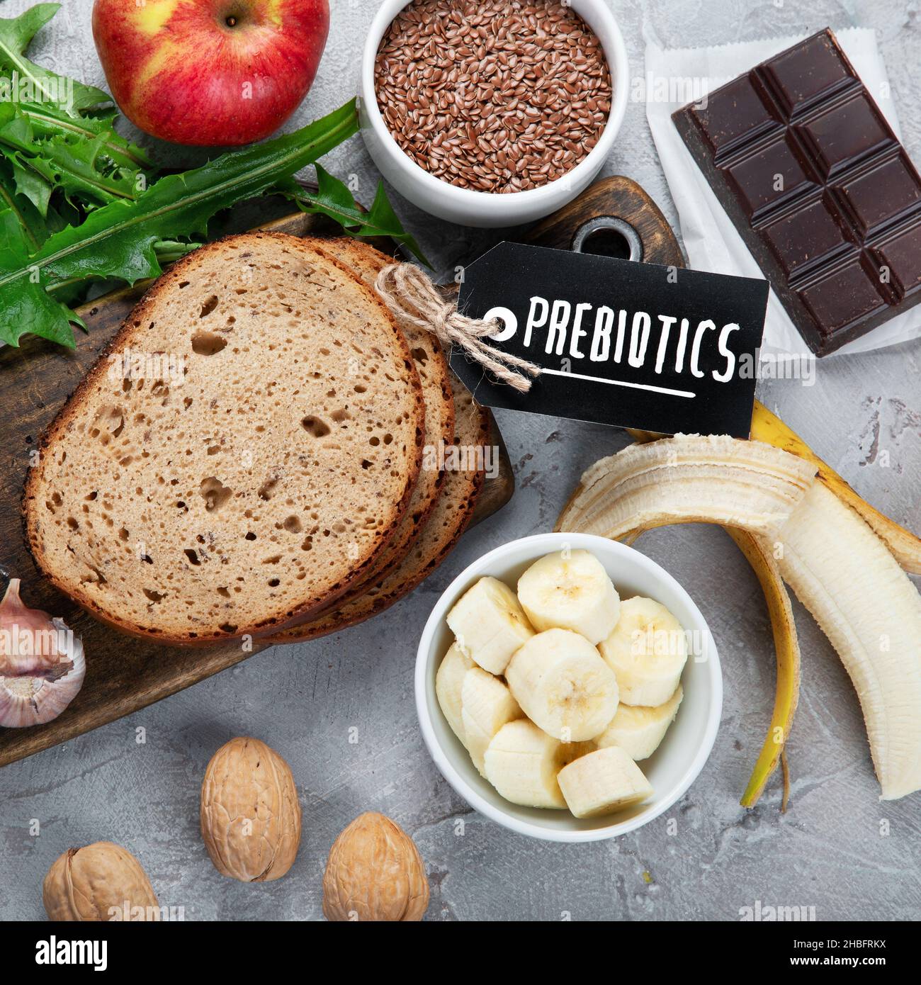 Best sources of prebiotic on light background. Healthy gud. Top view ...