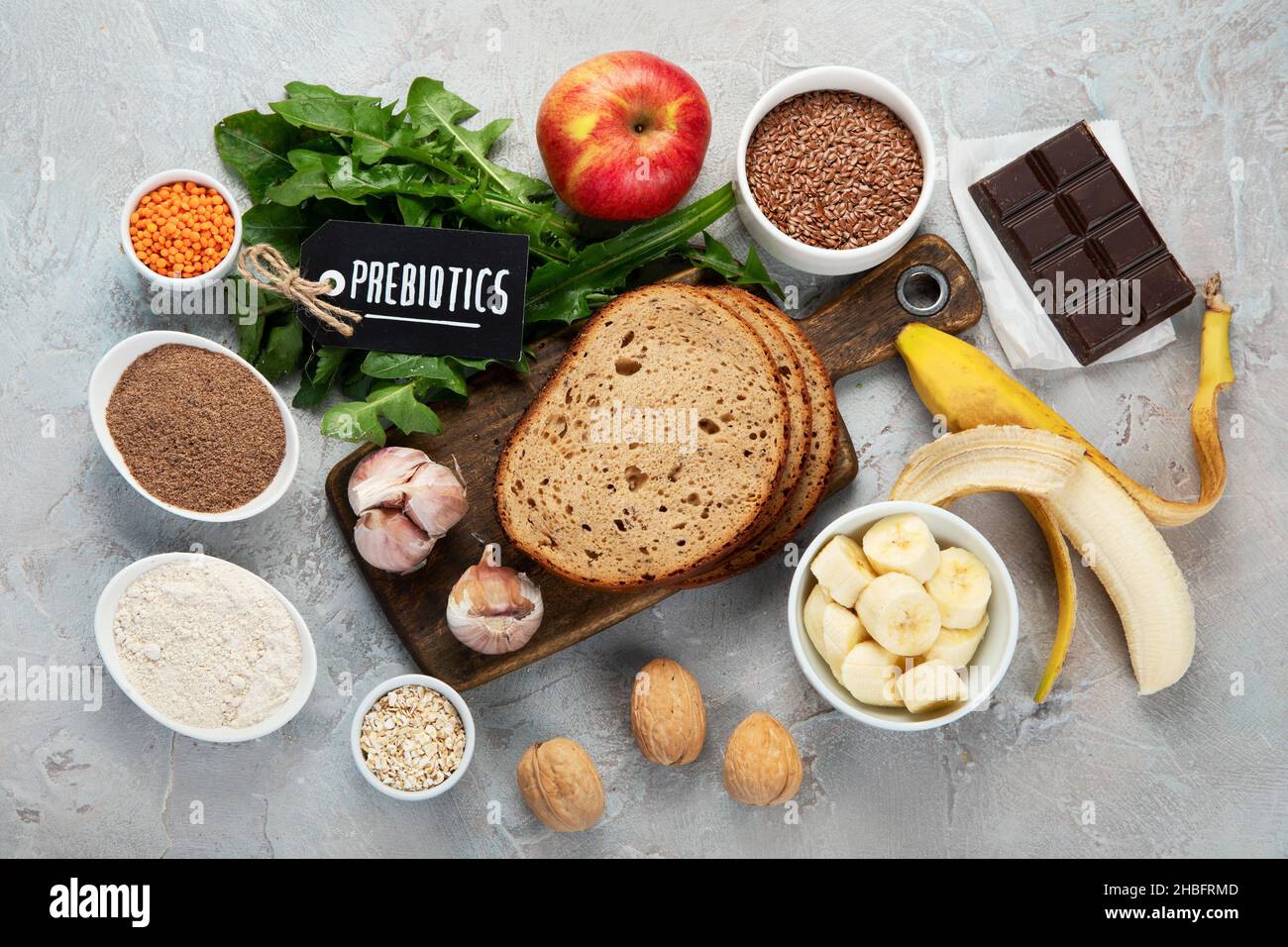 Best sources of prebiotic on light background. Healthy gud. Top view ...