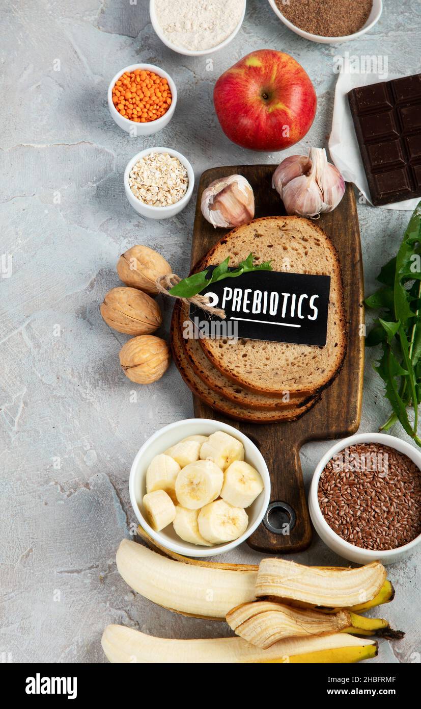 Best sources of prebiotic on light background. Healthy gud. Top view ...