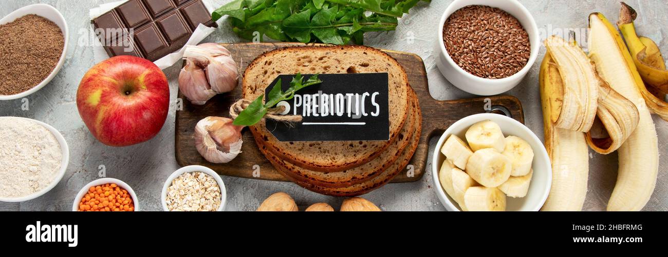 Best sources of prebiotic on light background. Healthy gud. Top view ...