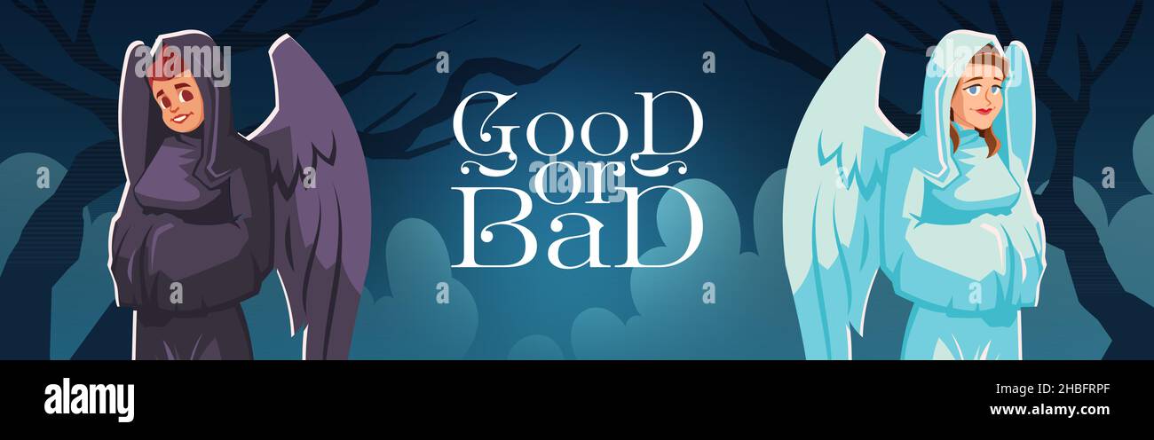Good or bad angel and devil cartoon banner, kind and evil characters ...