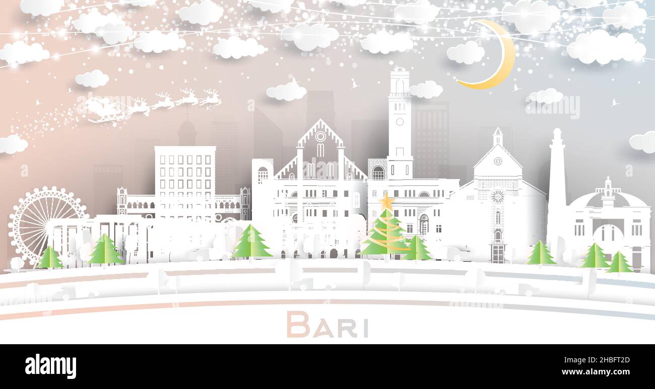 Bari Italy City Skyline in Paper Cut Style with Snowflakes, Moon and ...